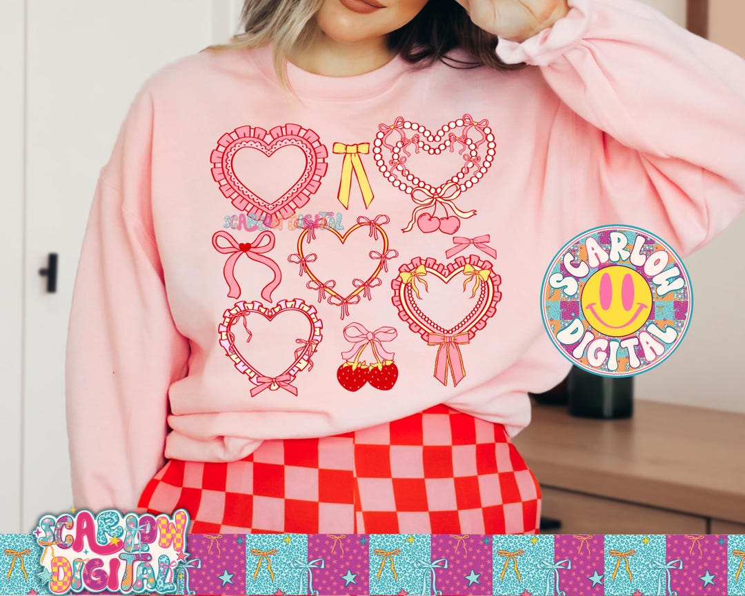 Frilly Valentine's Hearts PNG Digital Design, Coquette Hearts Png ...