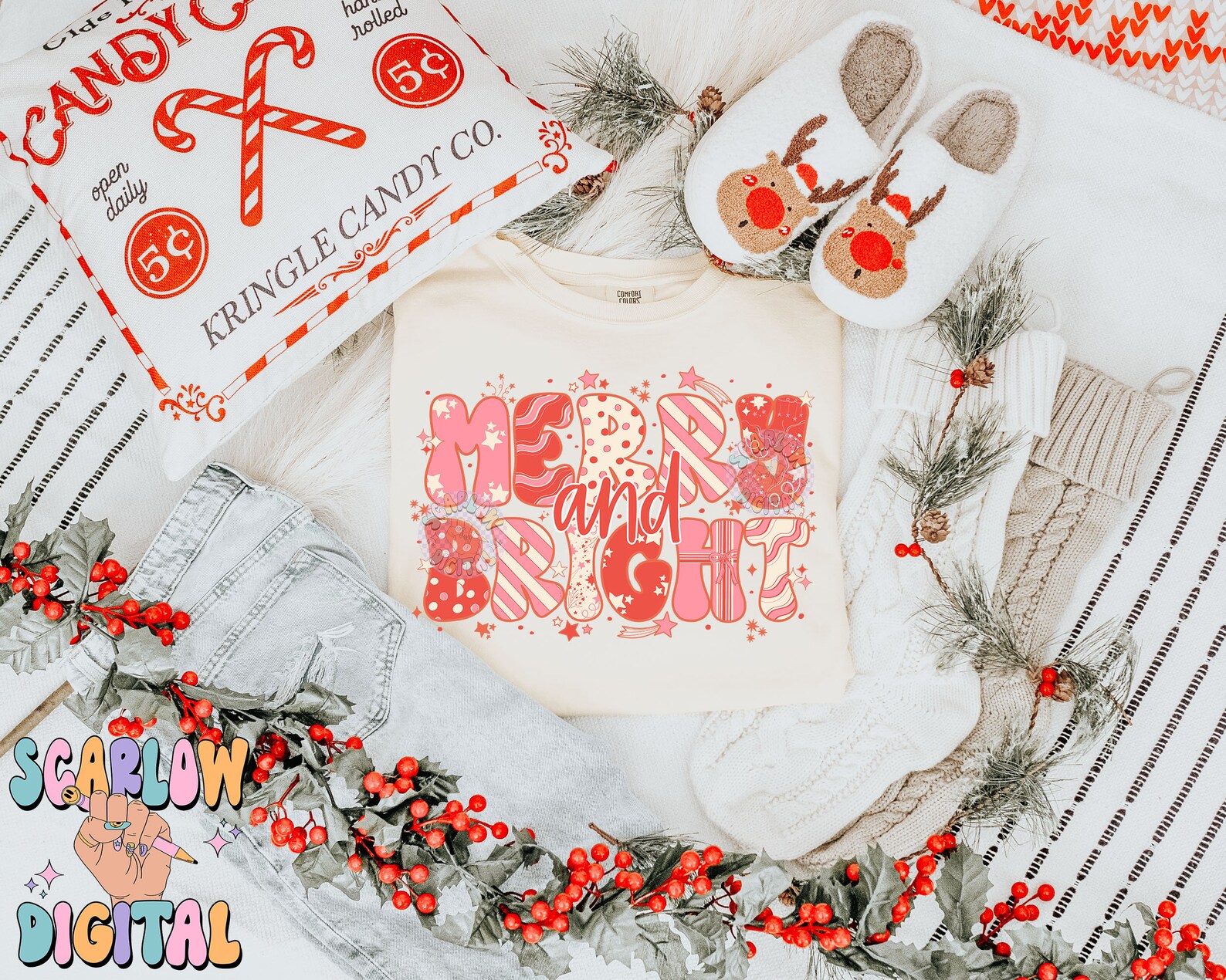 Merry and Bright PNG Digital Design Download, Preppy Christmas Designs ...