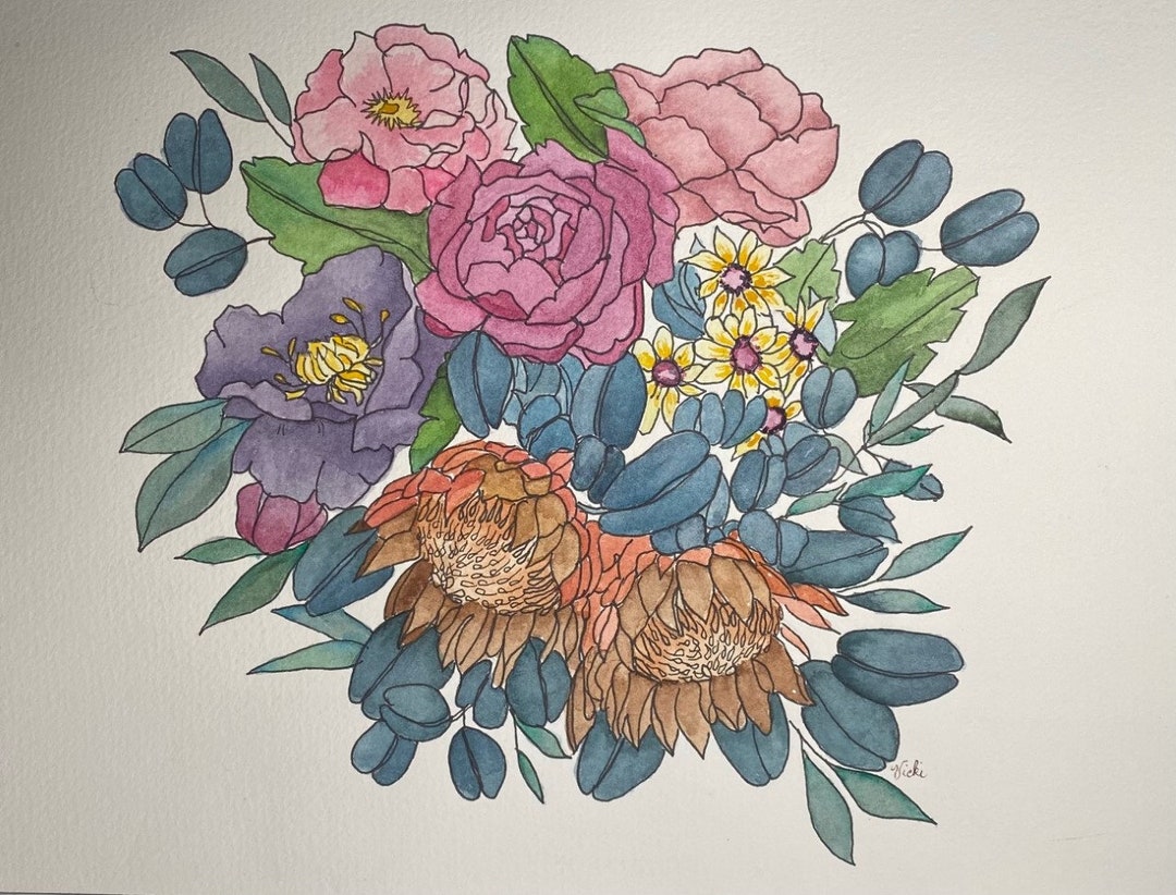 Pen and Ink Flower Bouquet Watercolor - Etsy