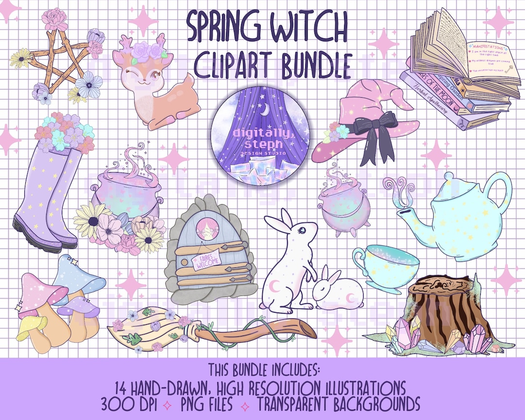 Spring Witch Clipart Bundle, Spring Clipart, Easter Clipart, Pastel ...