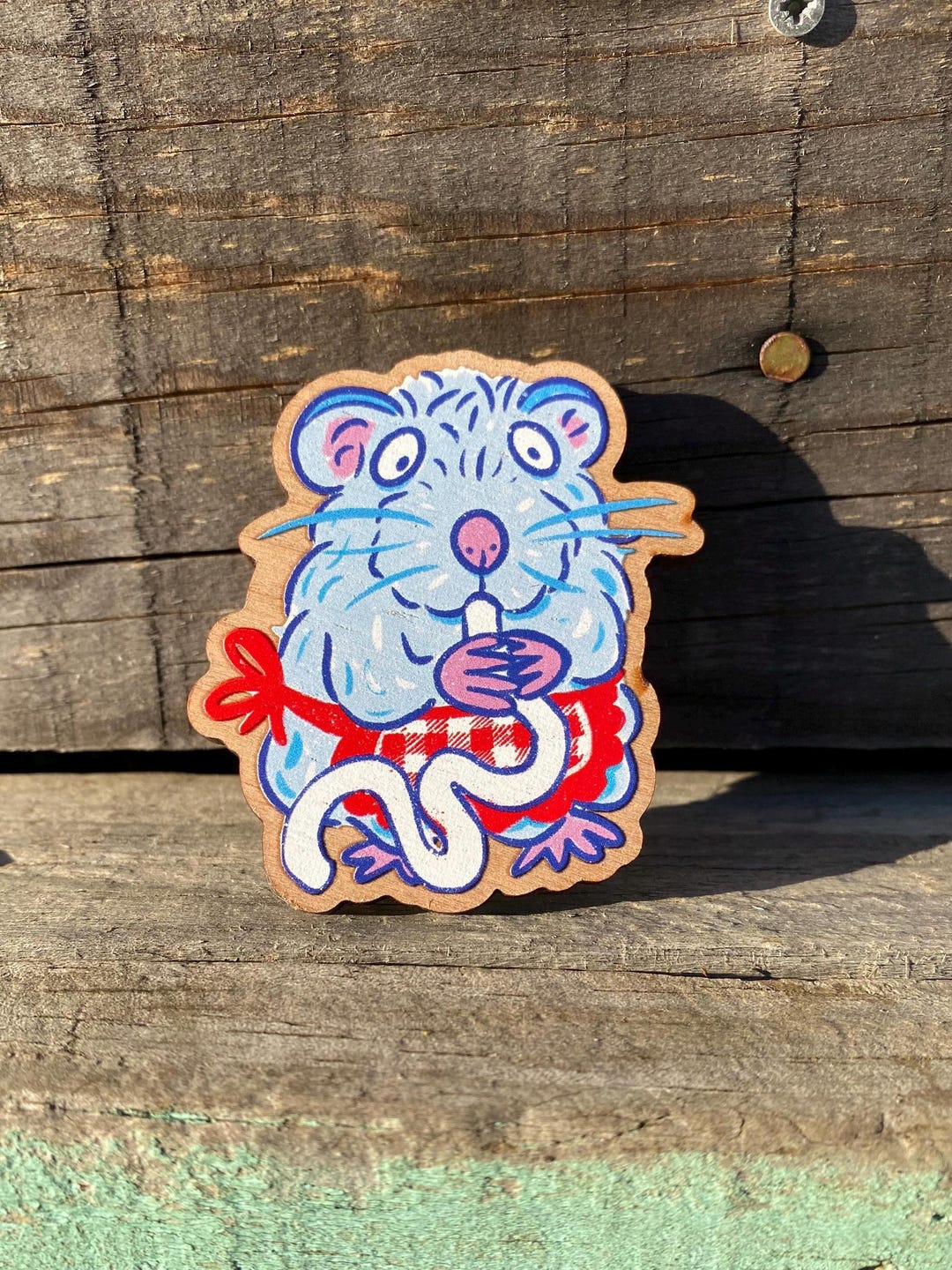Pin With Illustration of Rat Eating Spaghetti Made of 6cm Cherry Wood ...