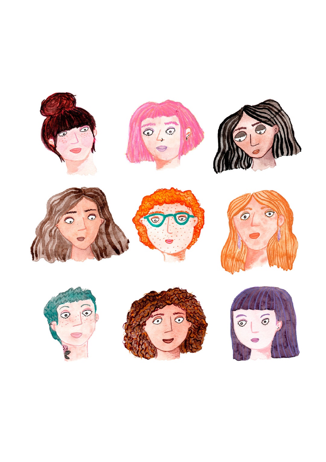 Girls Illustration A4 Girls Faces Print Women Watercolor Digital Print ...