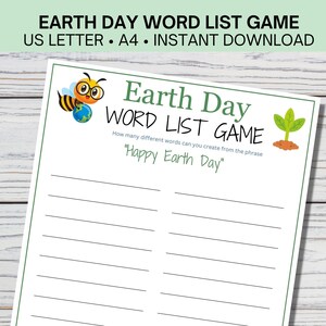 Earth Day Word List Game, Earth Day Printable Games, Earth Day Party ...