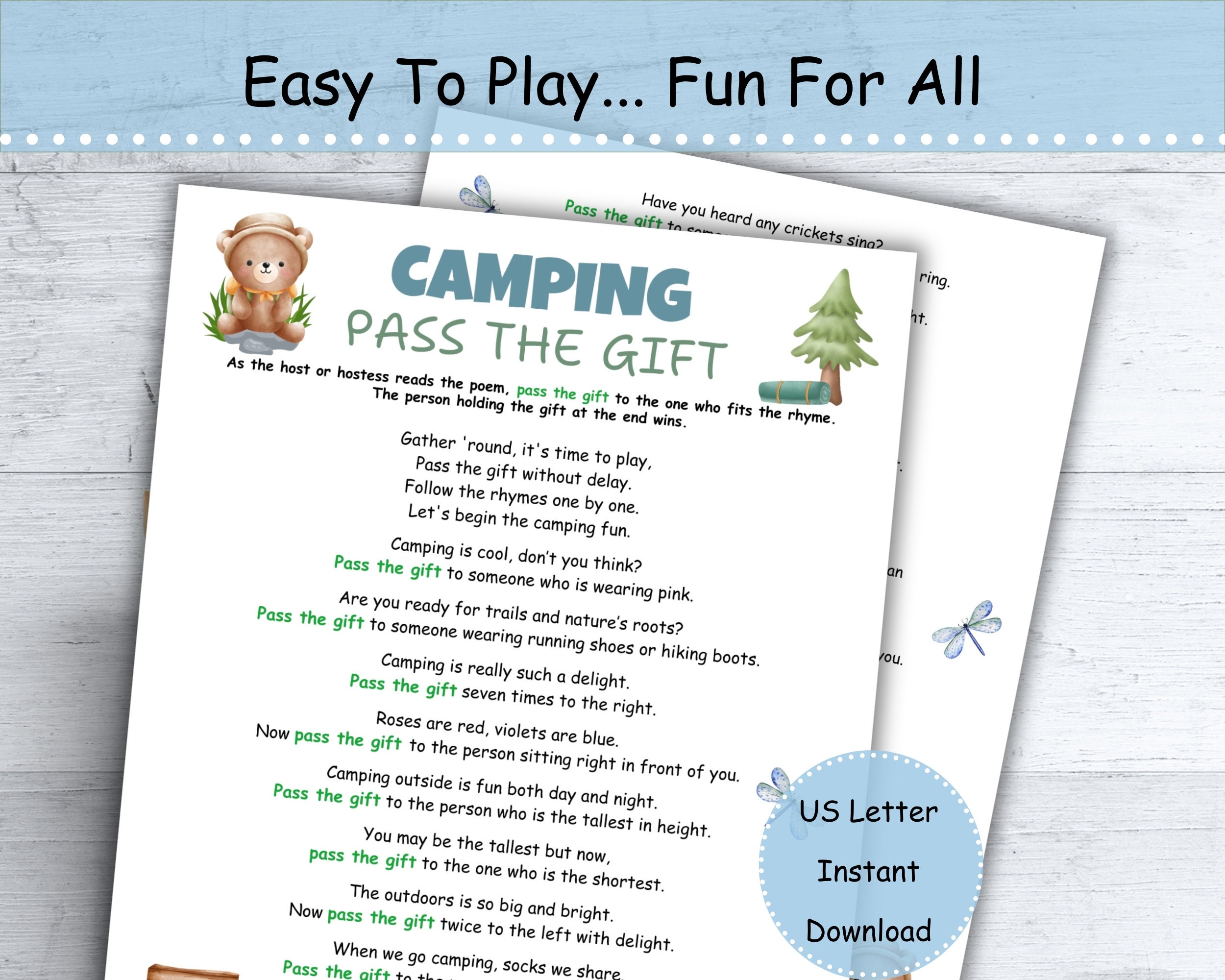 Camping Game, Camping Pass the Gift, Camping Party Printable, Camping ...