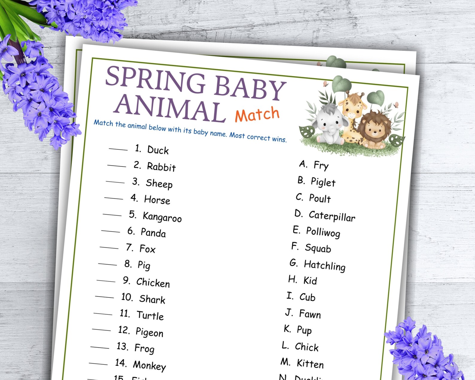 Spring Game Printable, Baby Animal Matching, Baby Animal Name, Spring ...