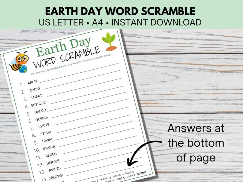 Earth Day Word Scramble, Earth Day Printable Game, Environmental ...