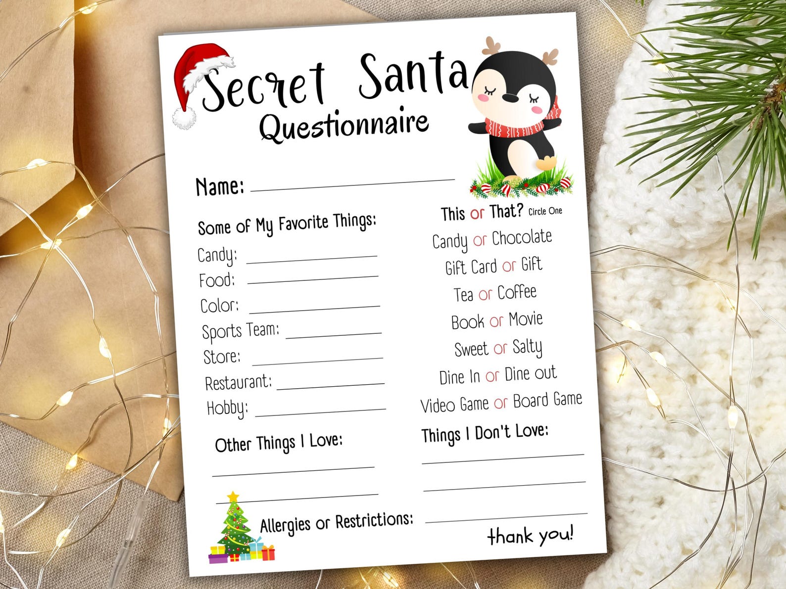 Secret Santa Questionnaire Printable, Secret Santa Form, Christmas Wish ...