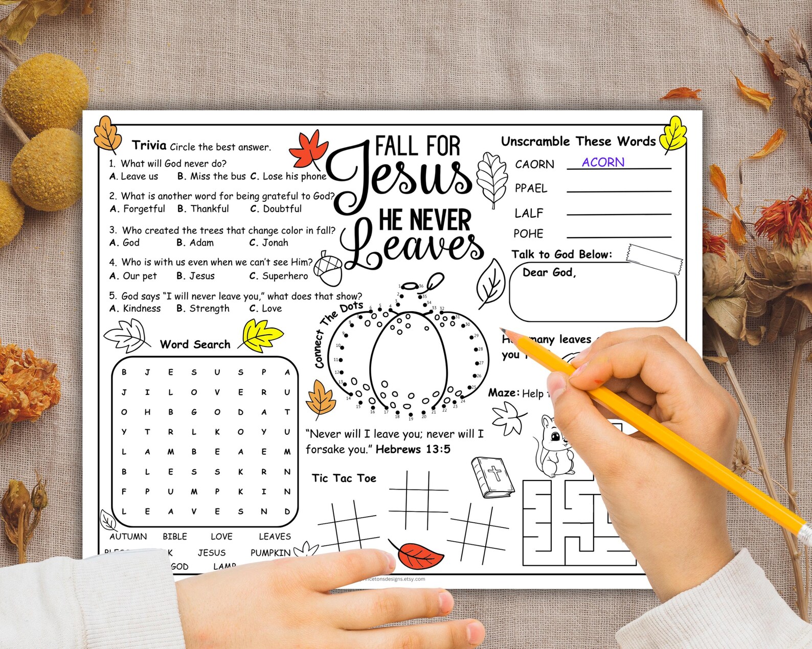 Fall for Jesus He Never Leaves Activity Placemat, Fall Sunday School ...