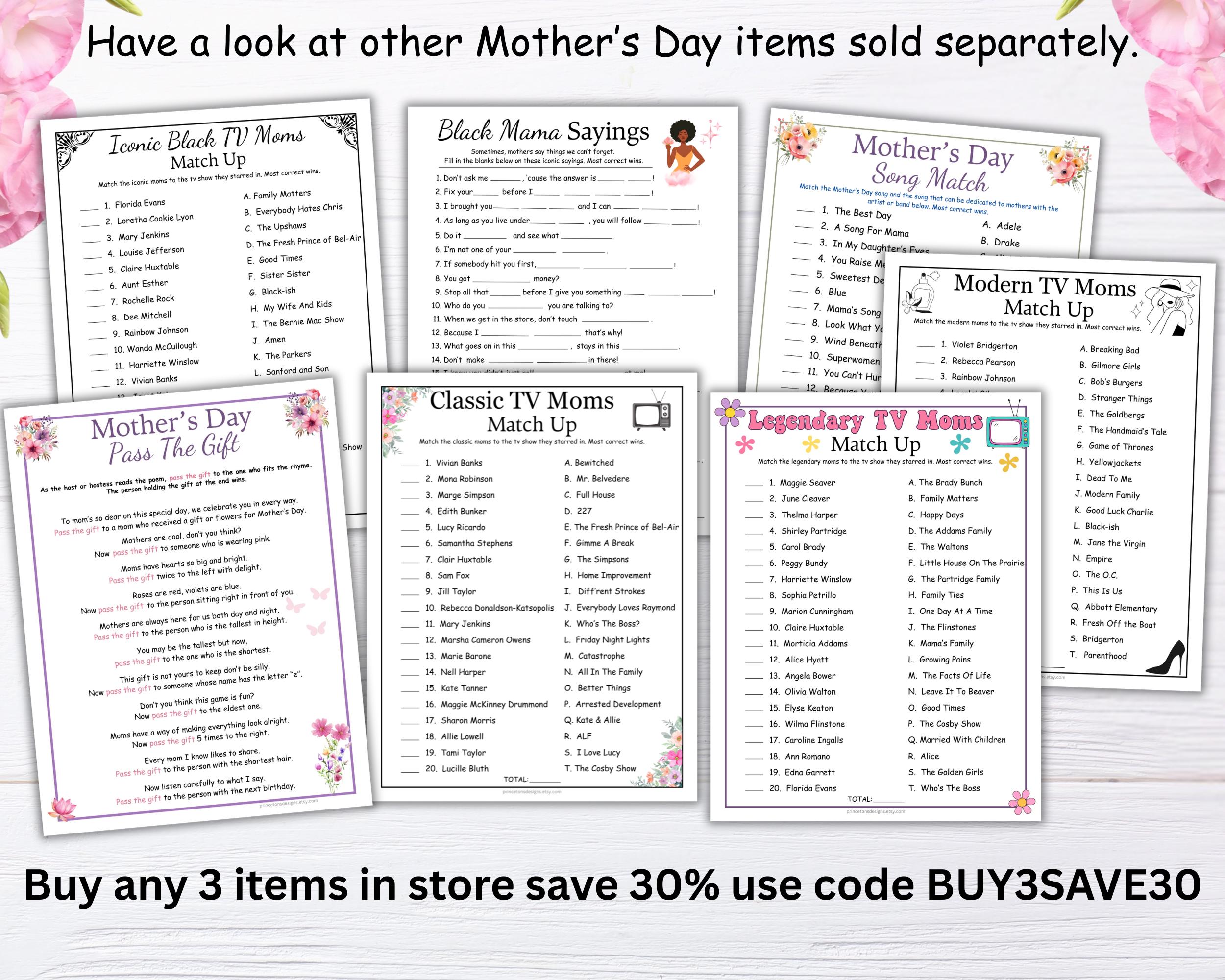 Mother's Day Game TV Moms Trivia, Pop Culture Game, Mother's Day Trivia ...