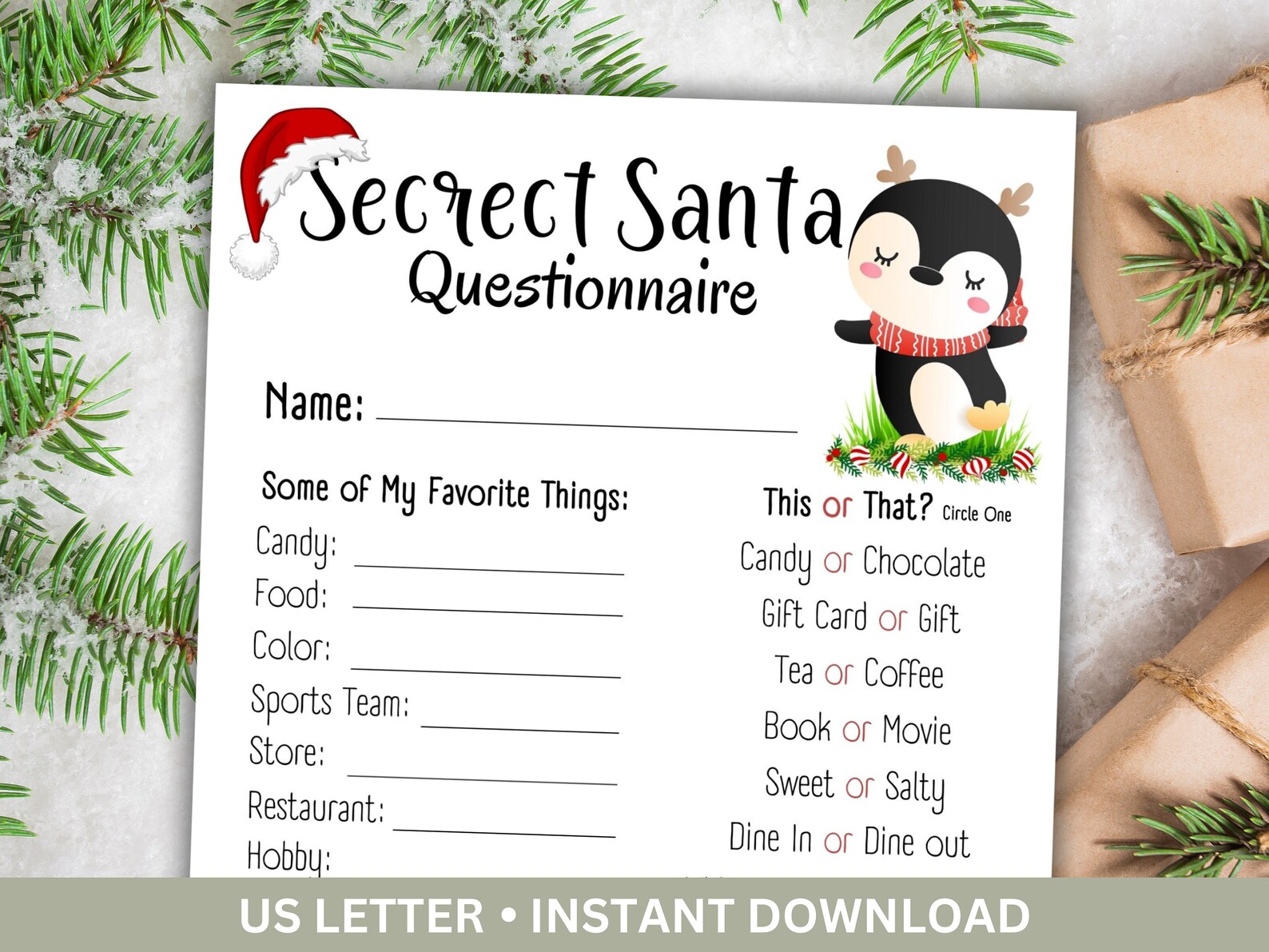 Secret Santa Questionnaire Printable, Secret Santa Form, Christmas Wish ...