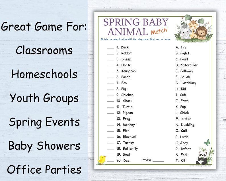 Spring Game Printable, Baby Animal Matching, Baby Animal Name, Spring ...