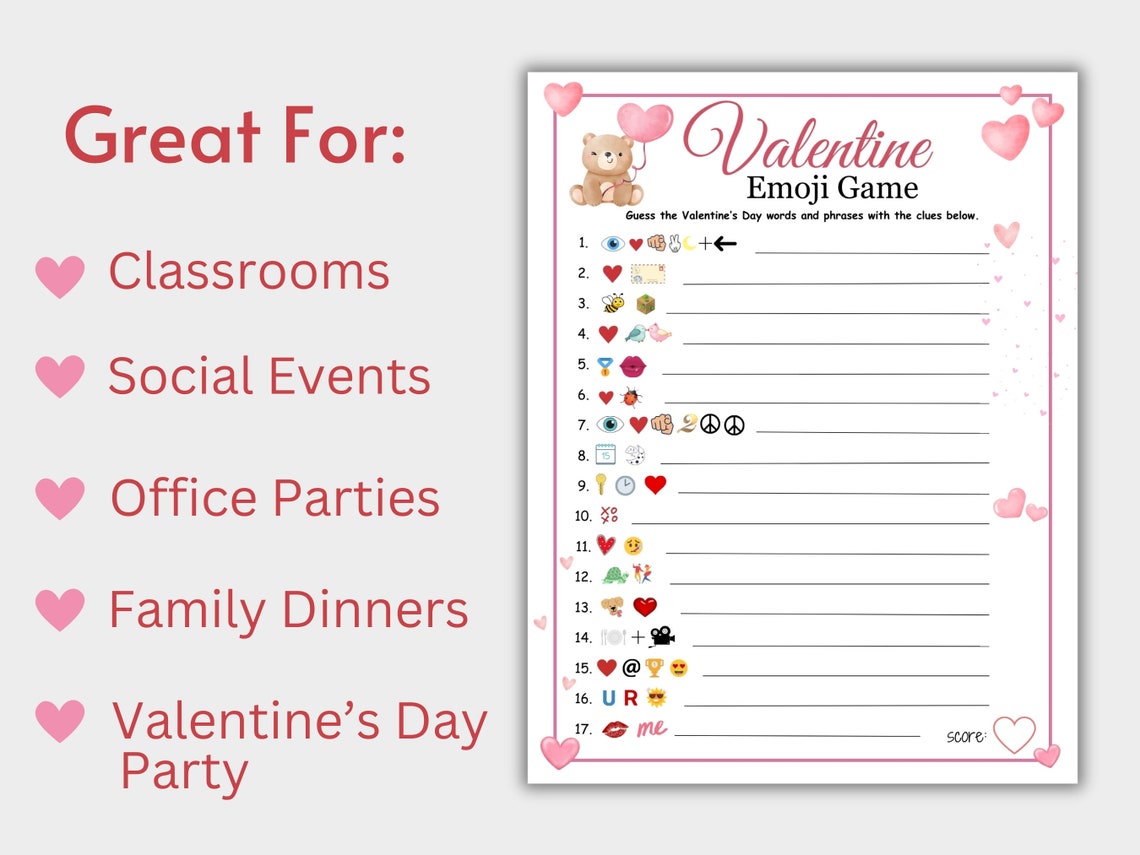 Valentine Emoji Pictionary, Valentine's Day Game Printable, Emoji ...