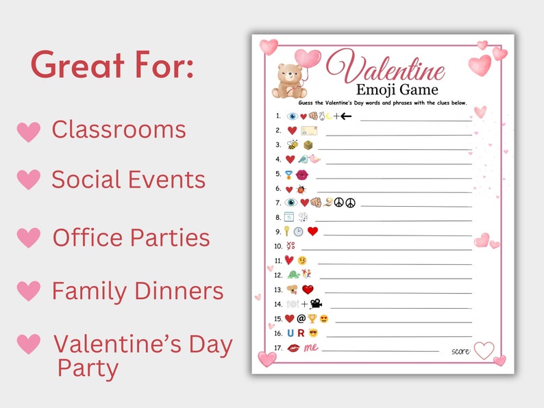 Valentine Emoji Pictionary, Valentine's Day Game Printable, Emoji ...