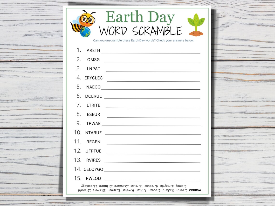Earth Day Word Scramble, Earth Day Printable Game, Environmental ...