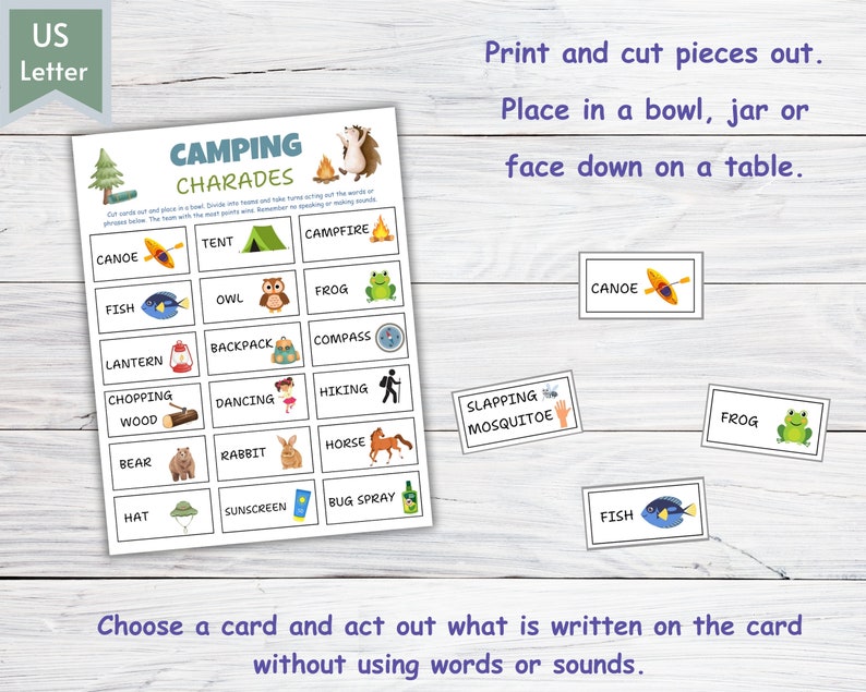 Camping Charades Camping Game, Printable Charades Camping Activities ...