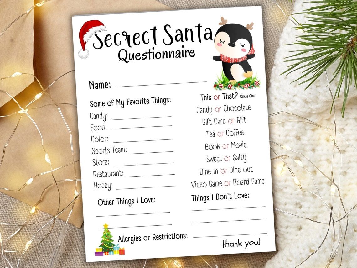 Secret Santa Questionnaire Printable, Secret Santa Form, Christmas Wish ...