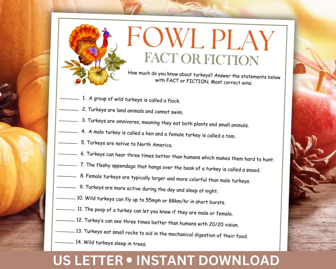 Thanksgiving Trivia Game, Fowl Play Fact or Fiction Turkey Trivia Game ...