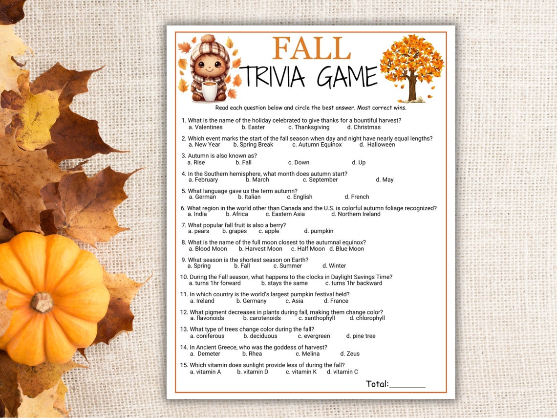 Fall Trivia Game, Printable Fall Game, Printable Autumn Game, Family ...