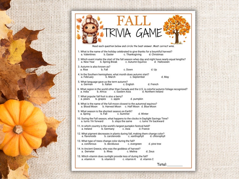 Fall Trivia Game, Printable Fall Game, Printable Autumn Game, Family ...