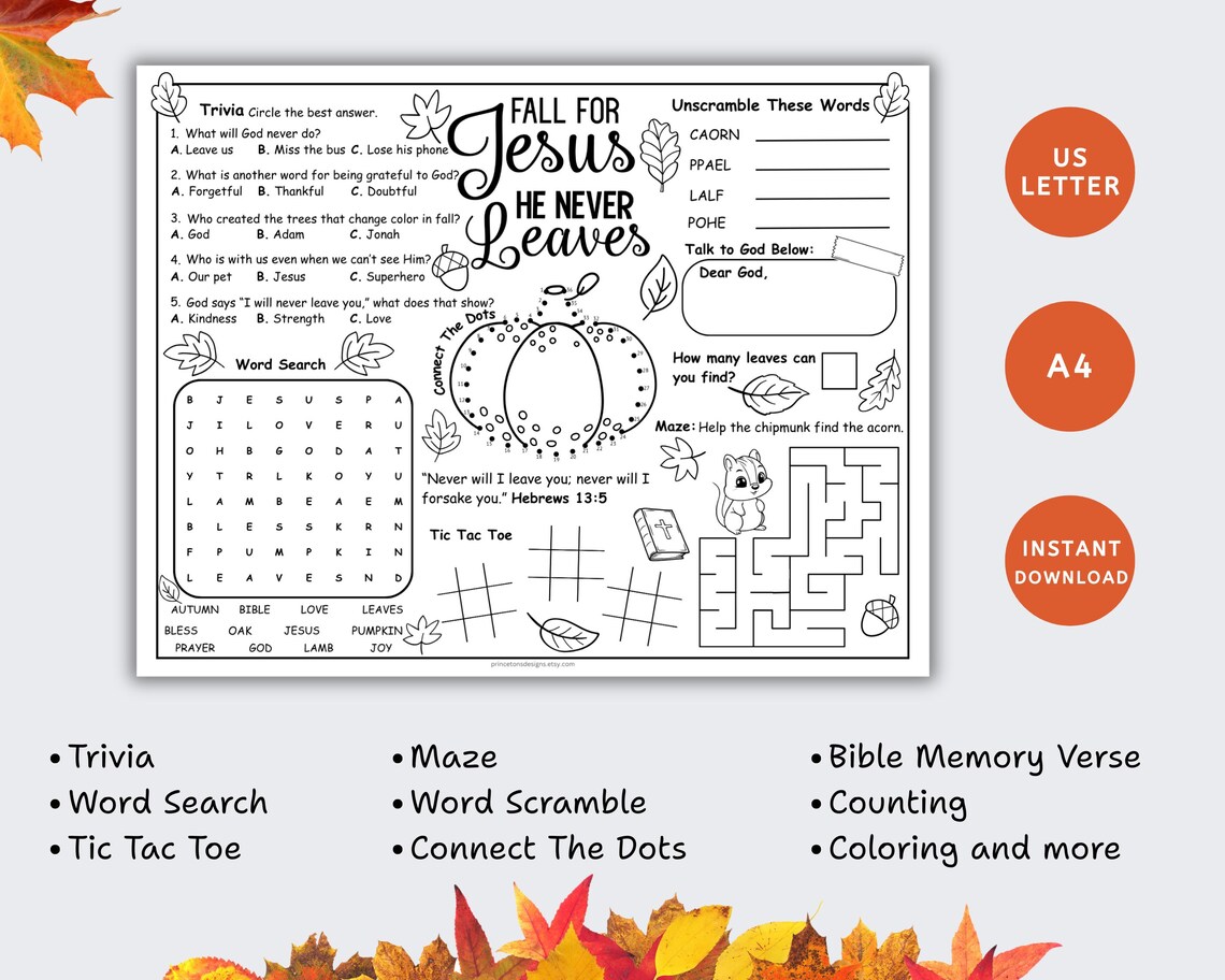 Fall for Jesus He Never Leaves Activity Placemat, Fall Sunday School ...