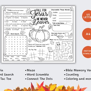Fall for Jesus He Never Leaves Activity Placemat, Fall Sunday School ...