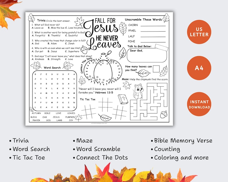 Fall for Jesus He Never Leaves Activity Placemat, Fall Sunday School ...