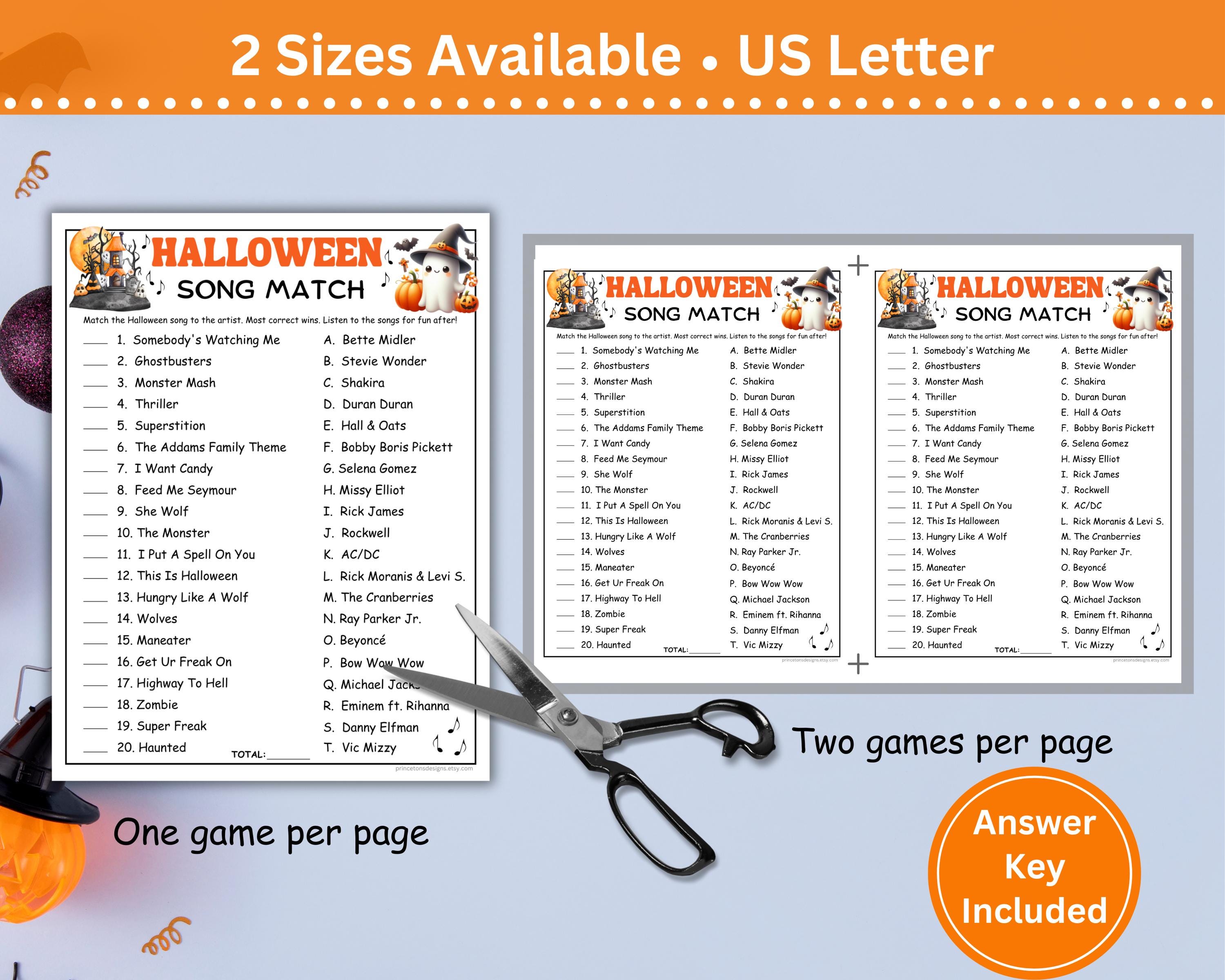 Halloween Song Match, Printable Halloween Party Game, Halloween Trivia ...