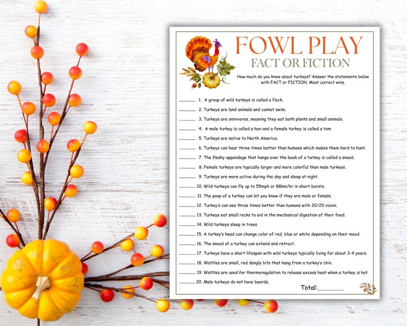 Thanksgiving Trivia Game, Fowl Play Fact or Fiction Turkey Trivia Game ...