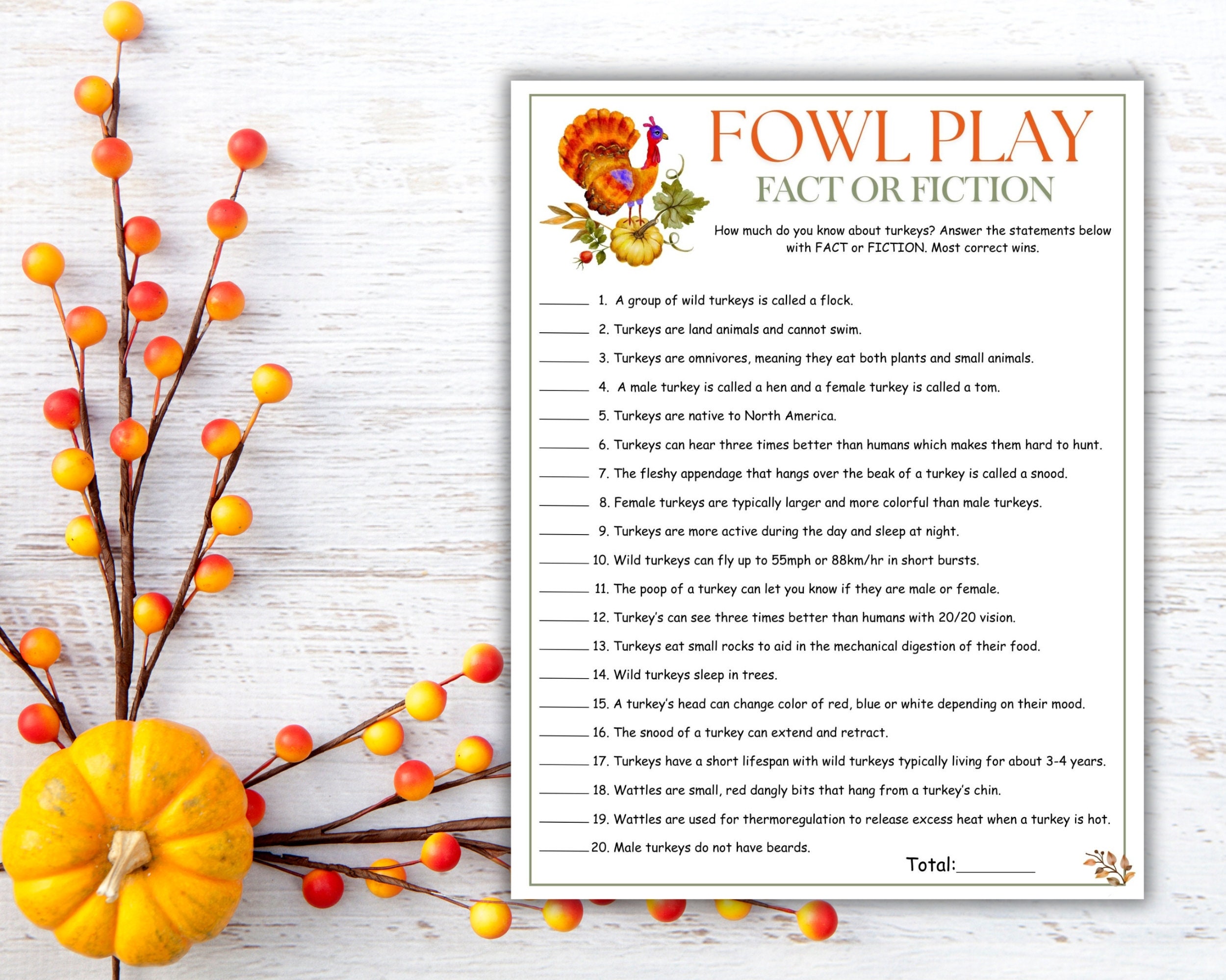 Thanksgiving Trivia Game, Fowl Play Fact or Fiction Turkey Trivia Game ...