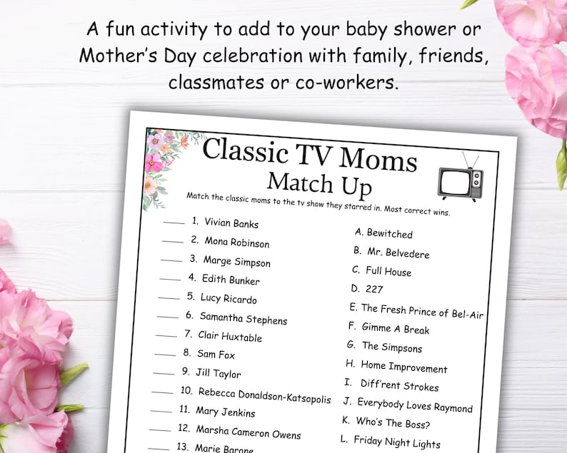 Mother's Day Trivia TV Moms Game, Pop Culture Game, Famous Moms Matching Game, Printable Mothers ...
