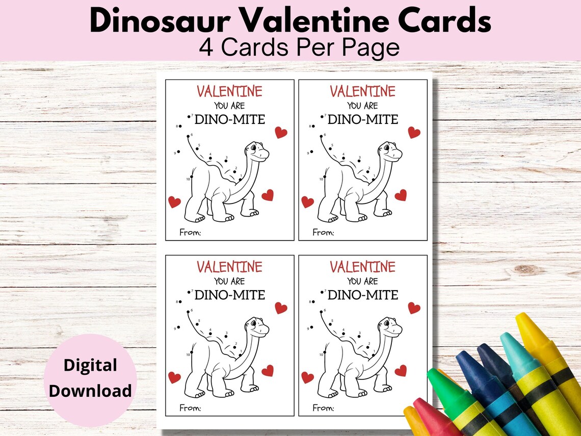 Dinosaur Valentine Cards, Dot to Dot Valentine Printable, Valentine ...