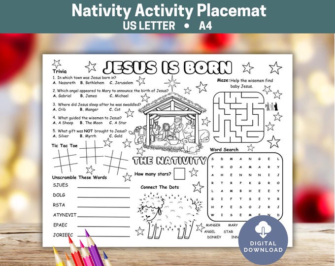 The Nativity Activity Placemat, Christmas Story Bible Story Kids ...