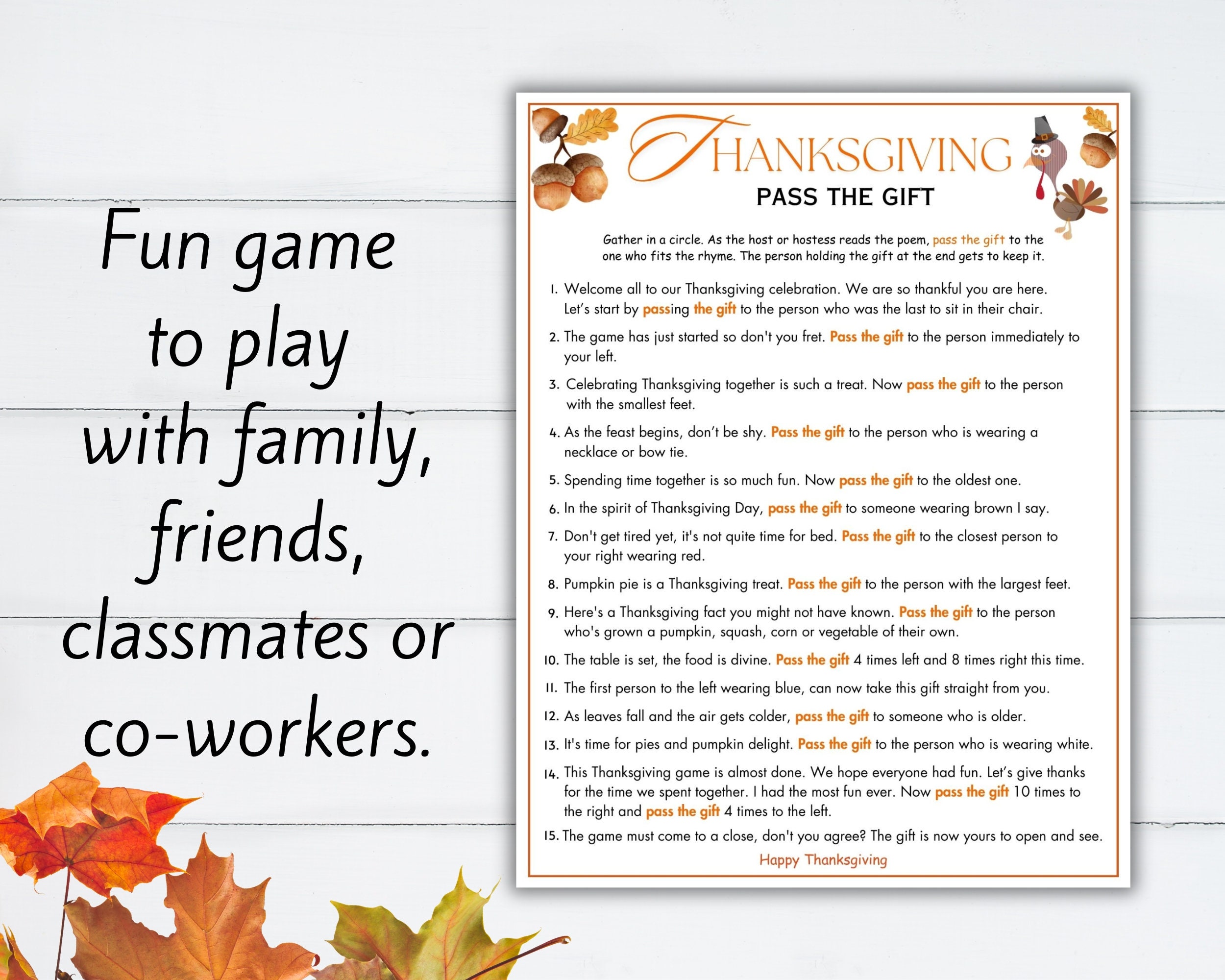 Thanksgiving Pass the Gift Game, Thanksgiving Games Printable, Left ...