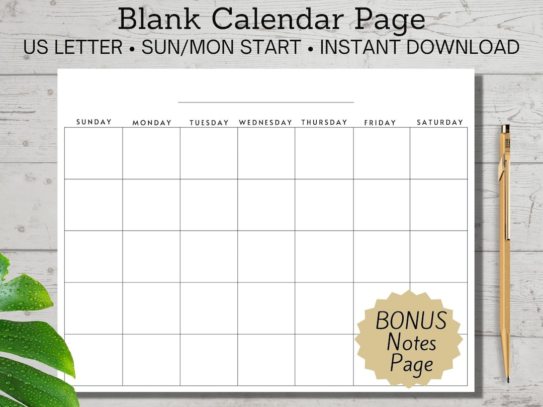 Blank Calendar Page, Printable Blank Monthly Calenda, Monthly Blank ...