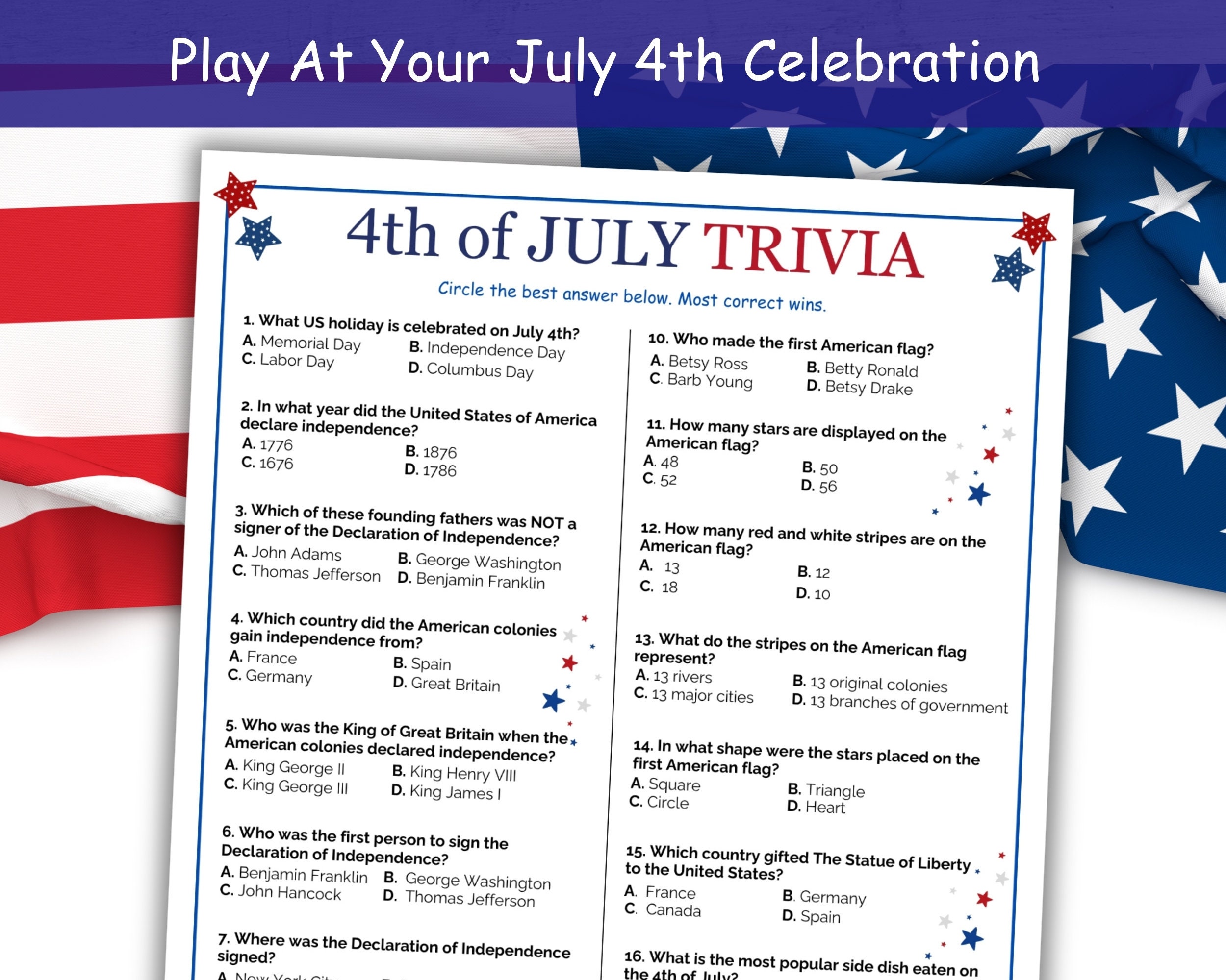4th of July Game, 4th of July Trivia, American History Quiz, United ...