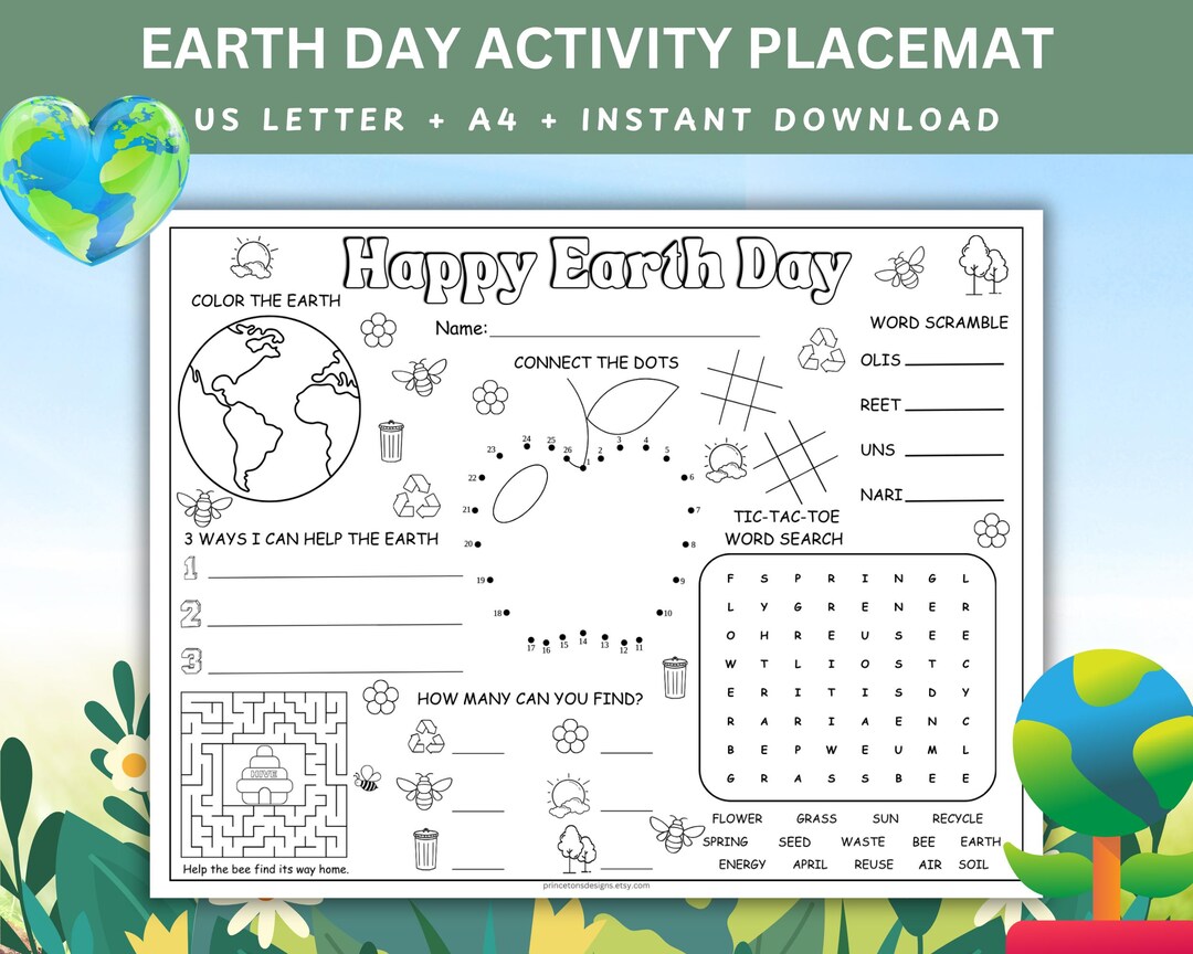 Earth Day Activity Placemat, Kids Coloring Sheet, Earth Day Printable ...
