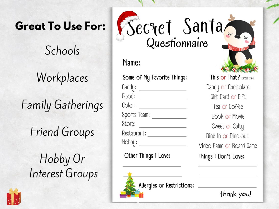 Secret Santa Questionnaire Printable, Secret Santa Form, Christmas Wish ...