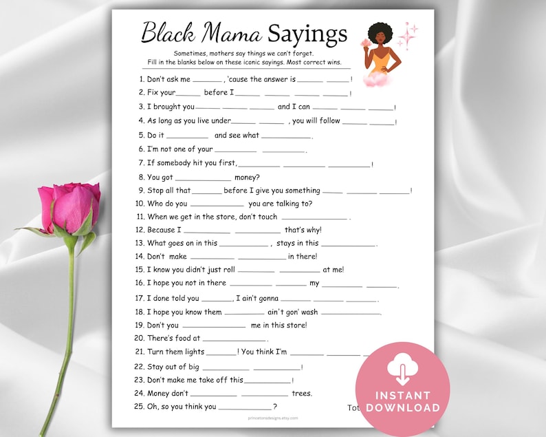 Black Mama Sayings Baby Shower Game, Black Baby Shower Game, African ...
