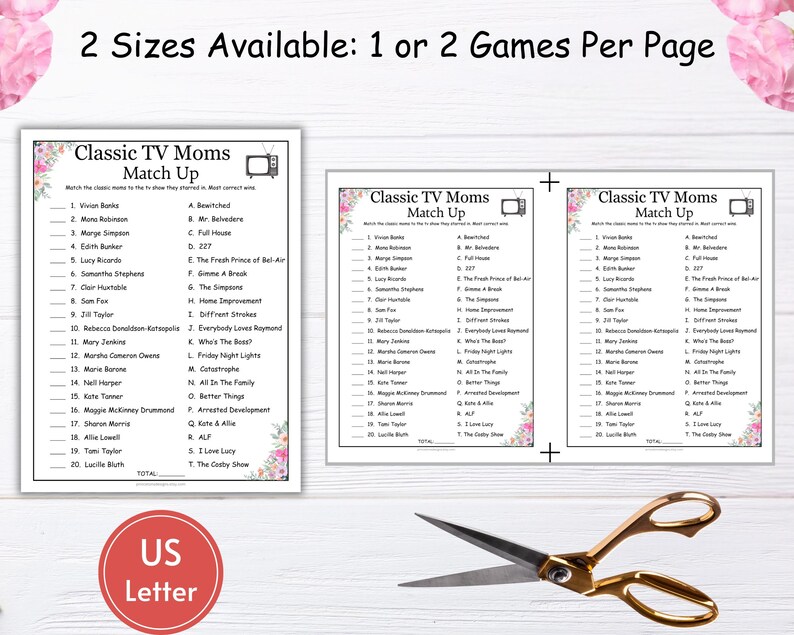 Mother's Day Trivia TV Moms Game, Pop Culture Game, Famous Moms Matching Game, Printable Mothers ...