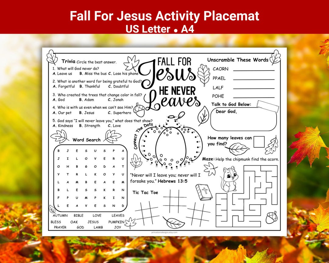 Fall for Jesus He Never Leaves Activity Placemat, Fall Sunday School ...