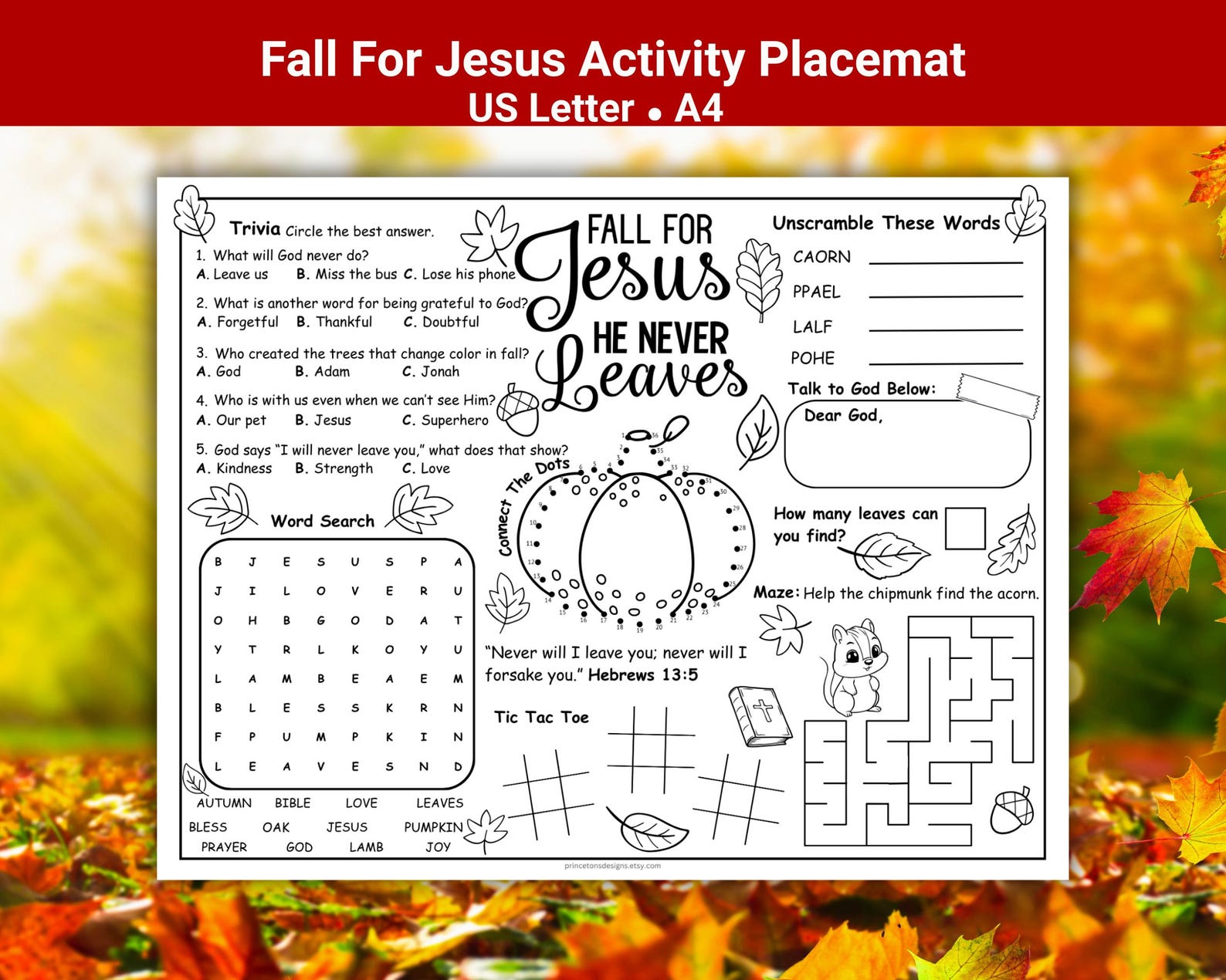 Fall for Jesus He Never Leaves Activity Placemat, Fall Sunday School Lesson, Autumn Ideas, Fall ...