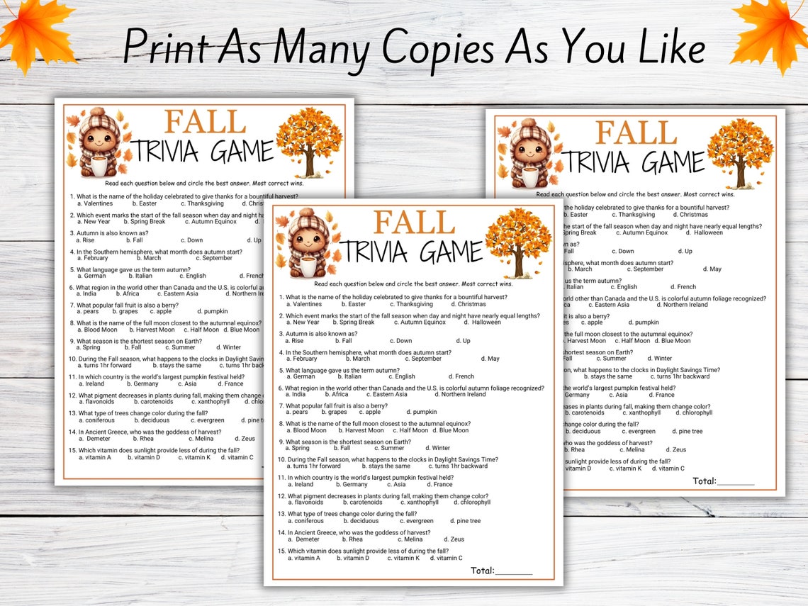 Fall Trivia Game, Printable Fall Game, Printable Autumn Game, Family ...