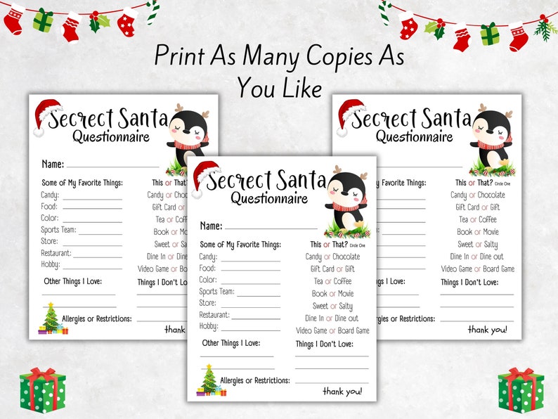 Secret Santa Questionnaire Printable, Secret Santa Form, Christmas Wish ...