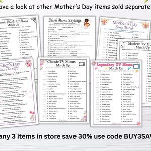 Mother's Day Trivia TV Moms Game, Pop Culture Game, Famous Moms Matching Game, Printable Mothers ...