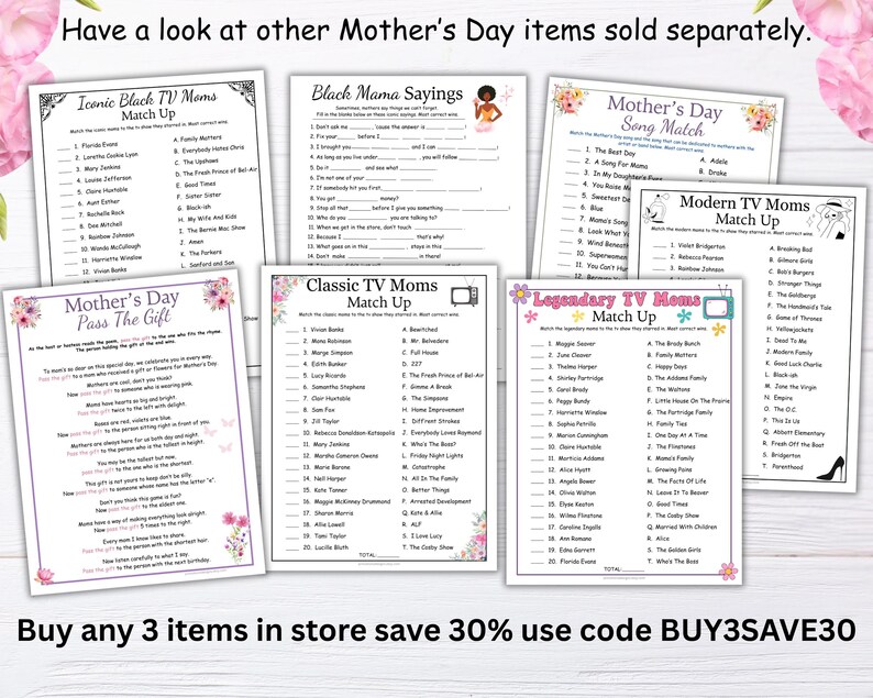 Mother's Day Trivia TV Moms Game, Pop Culture Game, Famous Moms Matching Game, Printable Mothers ...
