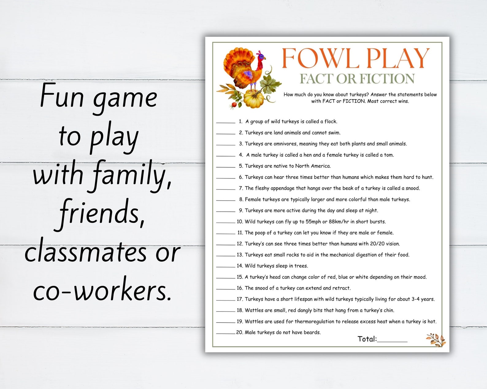 Thanksgiving Trivia Game, Fowl Play Fact or Fiction Turkey Trivia Game ...
