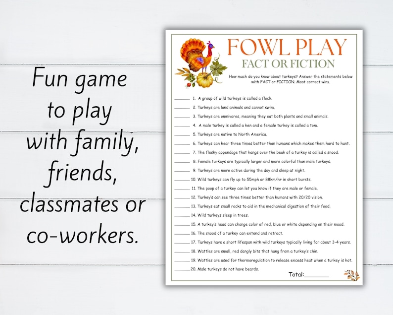 Thanksgiving Trivia Game, Fowl Play Fact or Fiction Turkey Trivia Game ...