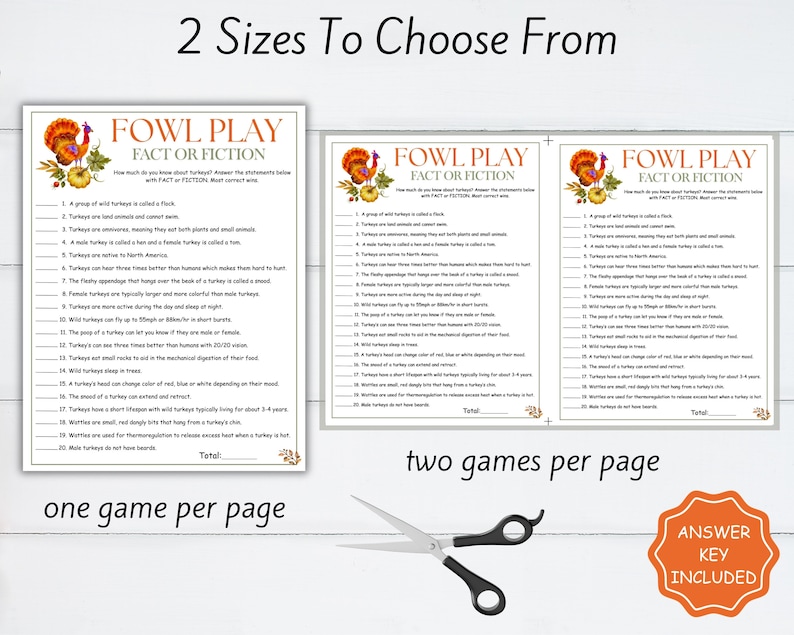 Thanksgiving Trivia Game, Fowl Play Fact or Fiction Turkey Trivia Game ...