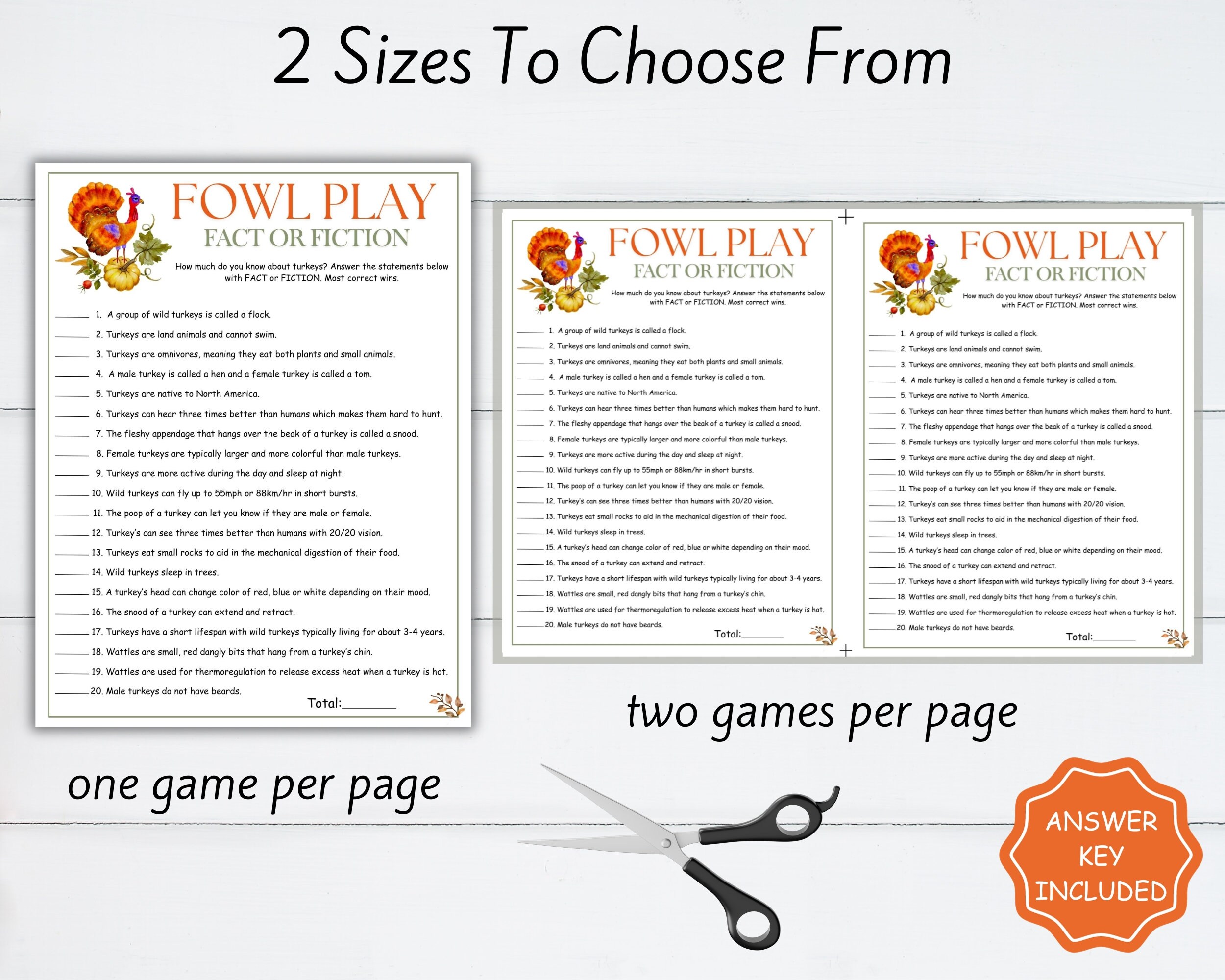 Thanksgiving Trivia Game, Fowl Play Fact or Fiction Turkey Trivia Game ...