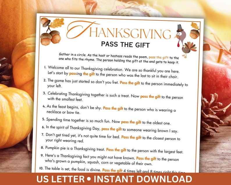 Thanksgiving Pass the Gift Game, Thanksgiving Games Printable, Left ...